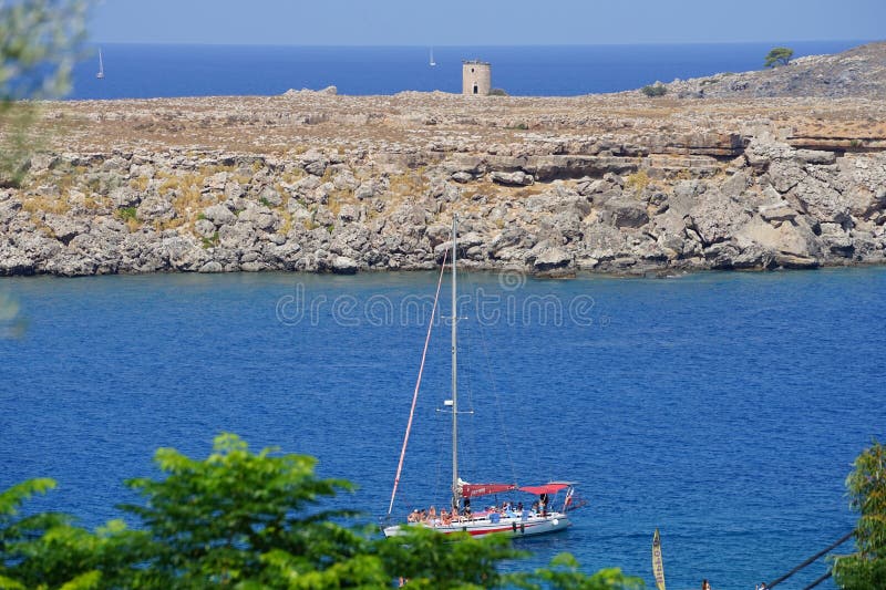 View of the Old Windmill on the Coast of Lindos in August. Lindos ...