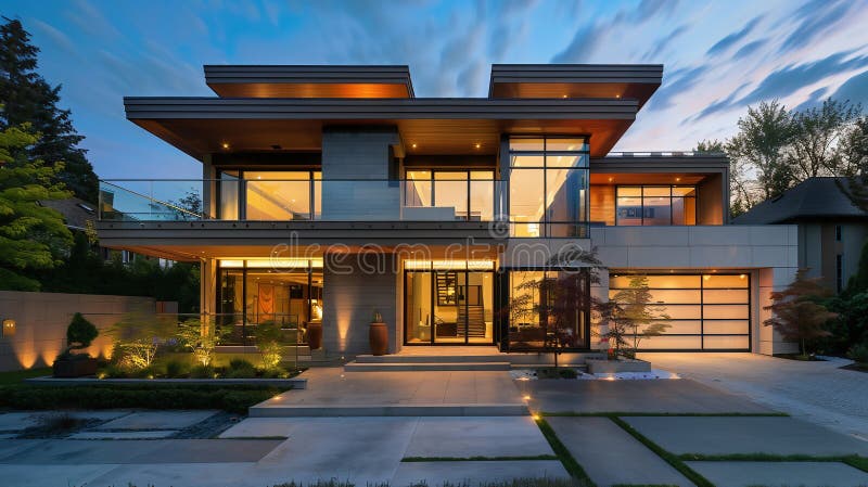 Architecture Modern Design, Beautiful House, Night Scene Stock Photo ...