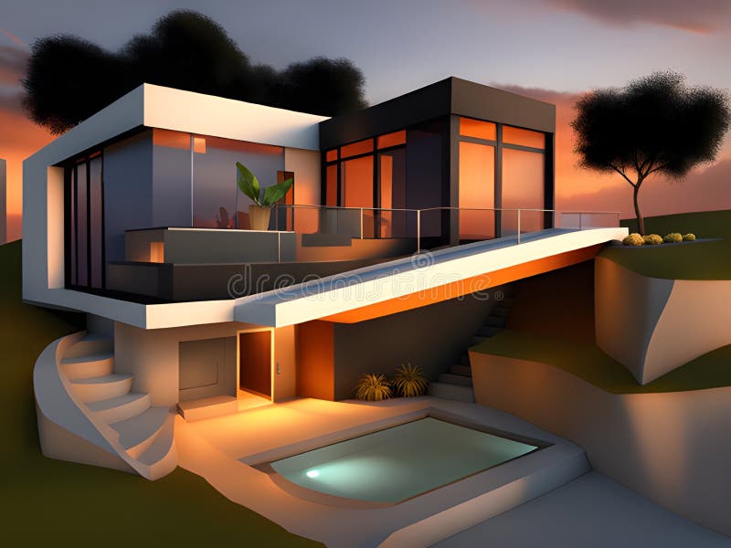 Architecture Modern Design, Concrete House, Night Scene Stock ...