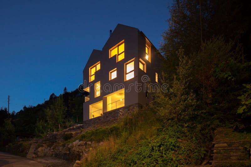Architecture Modern Design, Villa Night Scene Stock Image - Image of ...
