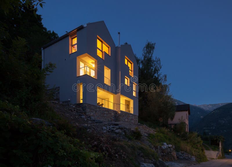 Architecture Modern Design, Villa Night Scene Stock Image - Image of ...
