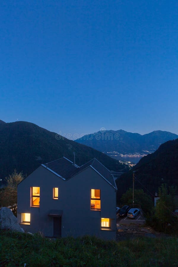 Architecture Modern Design, Villa Night Scene Stock Image - Image of ...