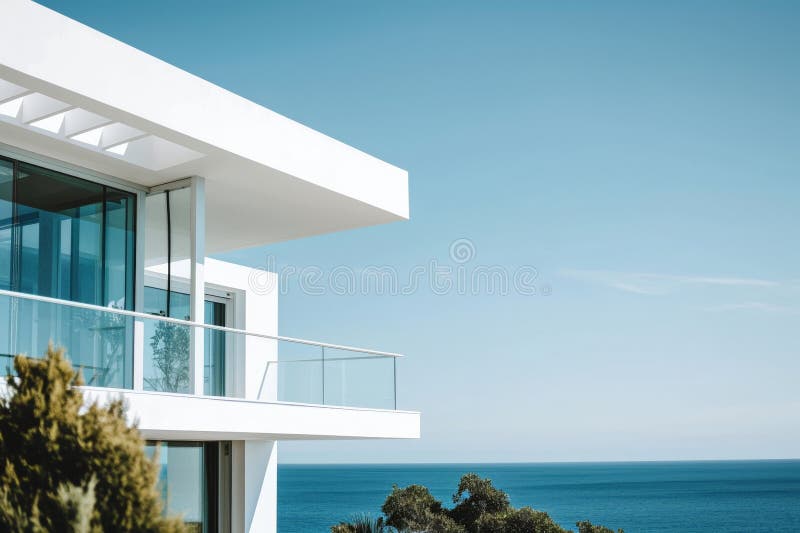 Architecture, Modern White House with Sea View from the Terrace Stock ...