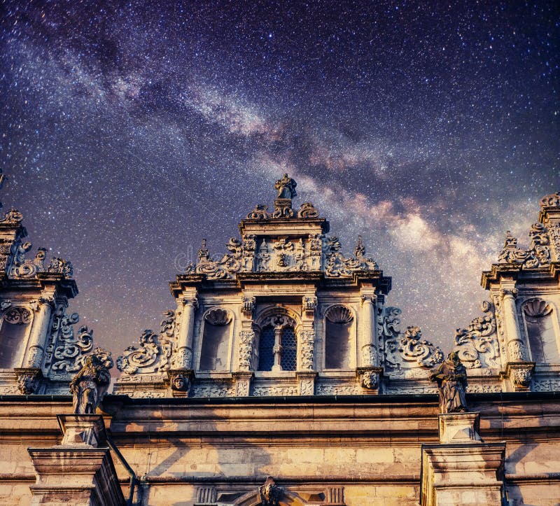 Architecture Outside Church. Night Time Starry Sky. Retro Stale. Stock ...