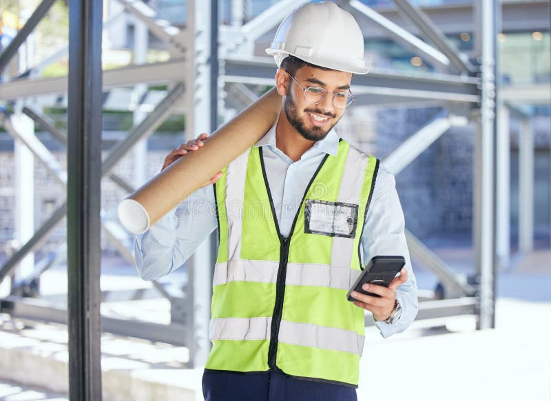Architecture, Phone Typing and Happy Man with Blueprint at Construction ...