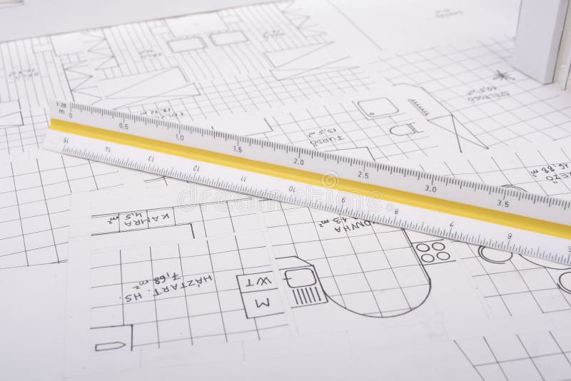 Blue Print Building Plans with Ruler Stock Photo - Image of business ...