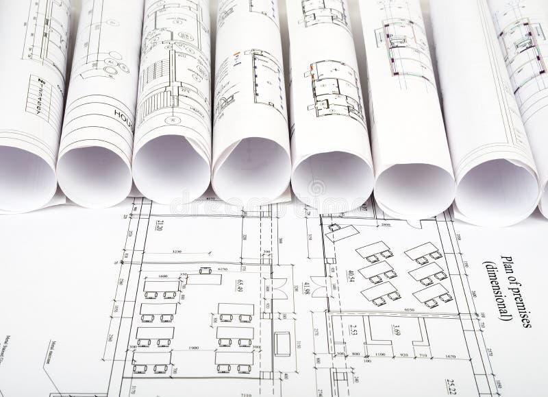 Architecture Plan and Rolls of Blueprints Stock Image - Image of ...