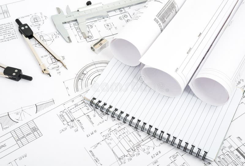 Architecture Plan and Rolls of Blueprints Stock Image - Image of ...