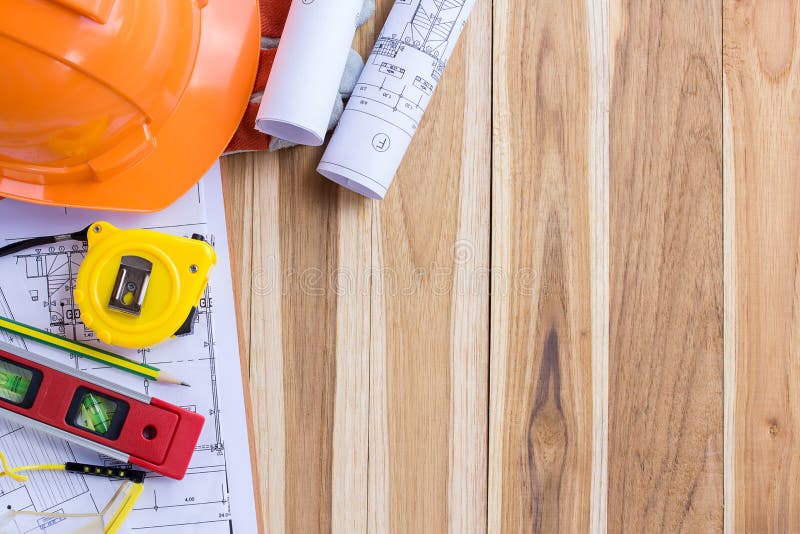 Architecture Plan and Rolls of Blueprints with Tool Kit Stock Photo ...