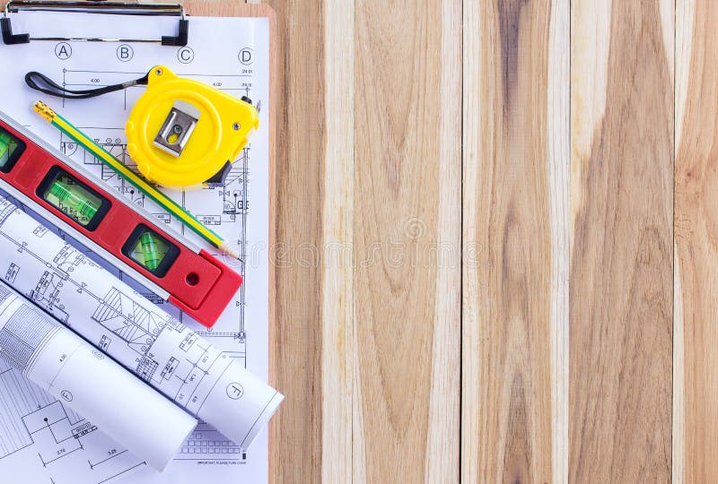 Architecture Plan and Rolls of Blueprints with Tool Kit Stock Image ...