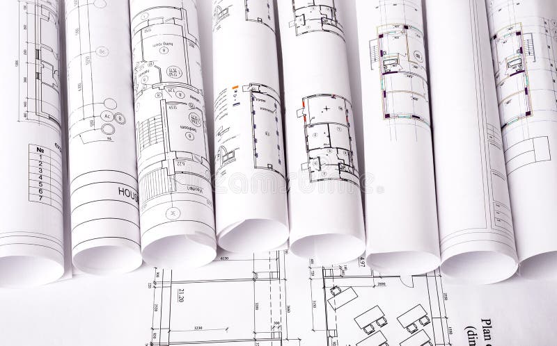 Architecture Plan and Rolls of Blueprints Stock Image - Image of home ...