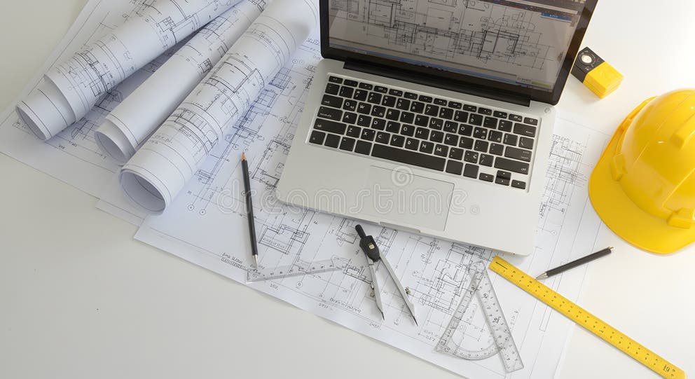 Blueprint Drafting Workstation: Laptop, Hardhat, and Technical Drawings ...