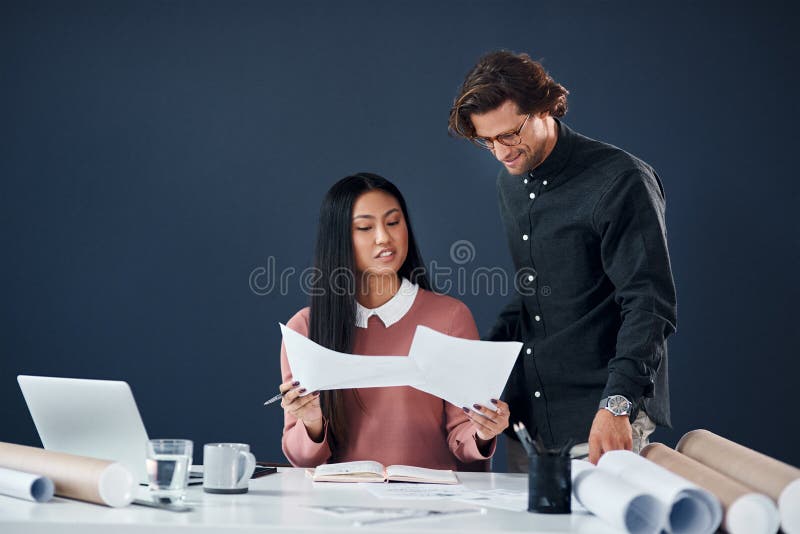 Architecture, Planning and Man with Woman, Paperwork and Blueprint for ...