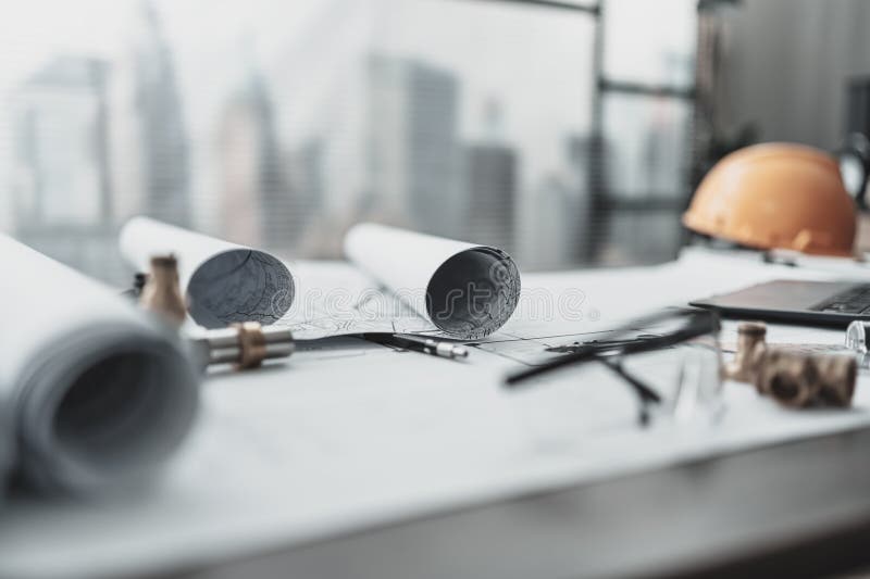 Architecture Plans and City Route Map on Engineer Workplace Stock Photo ...