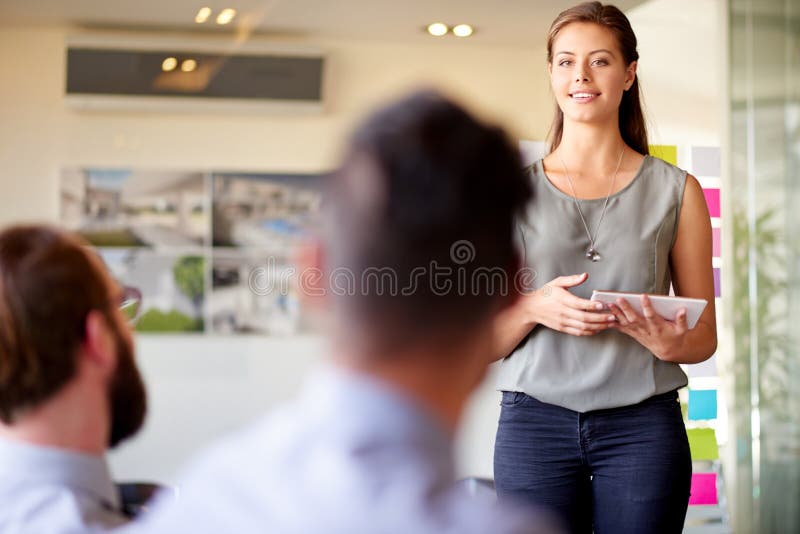 Architecture, Presentation and Tablet with Woman in Office for Client ...