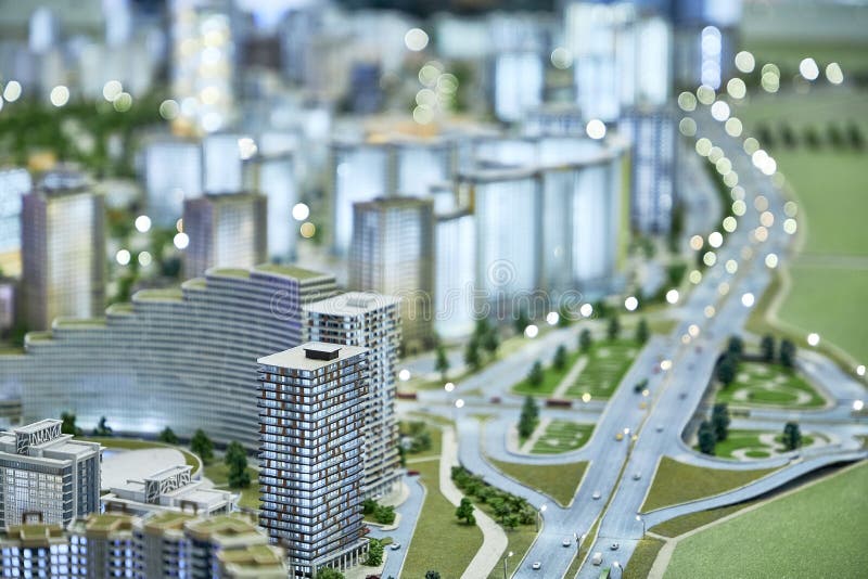 Architecture of a Small Town with Skyscrapers, a Road with Cars ...