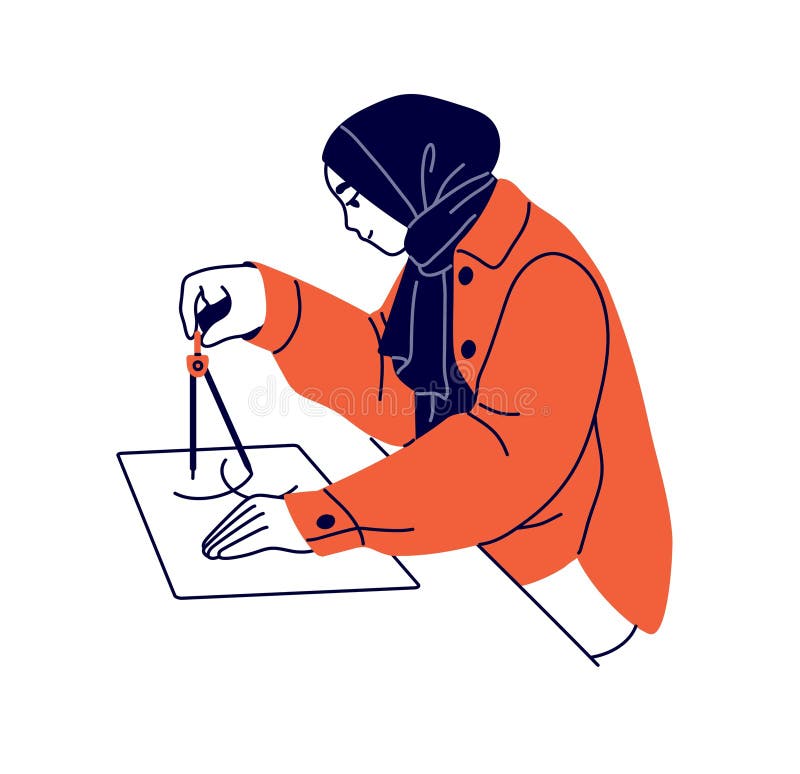 Architecture Student Does Draft with Drawing Compass Side View. Girl ...