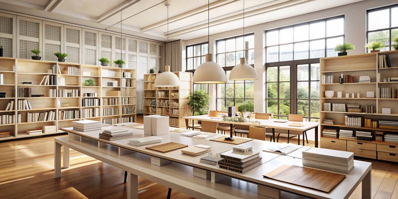 Architecture Studio with Library and Table Containing Plans and Models ...