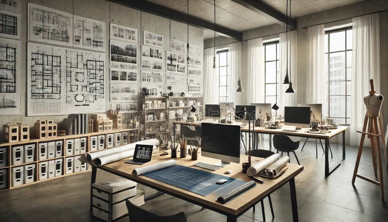 Architecture Studio with Work Tables Filled with Blueprints and Design ...