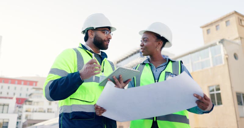 Architecture, Tablet and Blueprint with People in City for Project ...