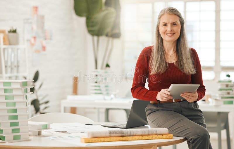 Architecture, Tablet and Portrait of Senior Woman in Office for ...