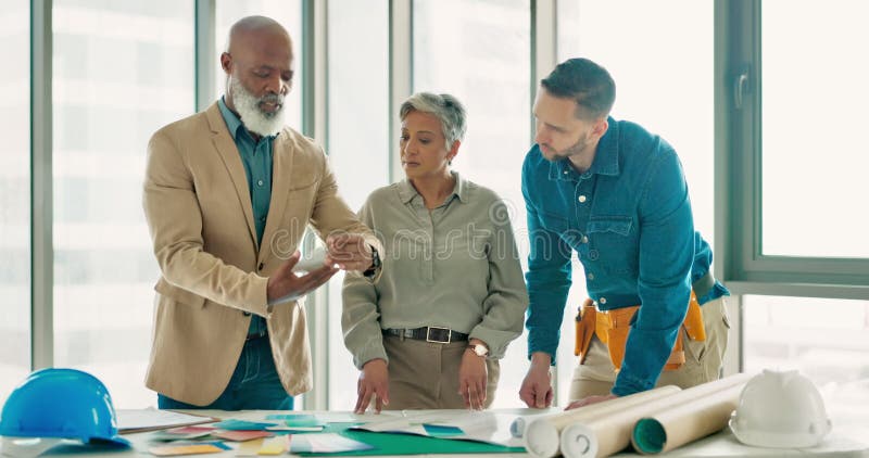 Architecture Teamwork, Blueprint and Color Choice in Modern Office for ...