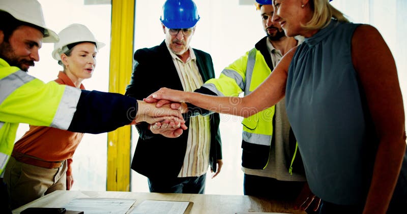 Architecture, Teamwork and Hands Together with People on Construction ...