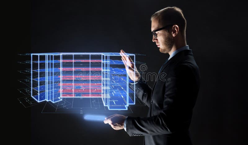 Man with Tablet and Virtual Construction Project Stock Image - Image of ...