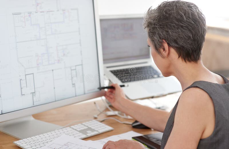 Architecture, Woman and Design on Computer Screen for Planning, Housing ...