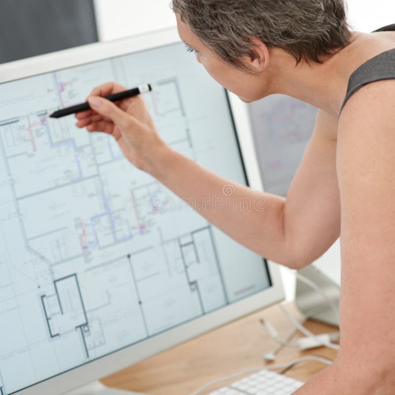 Architecture, Woman and Drawing on Computer Screen for Design, Housing ...