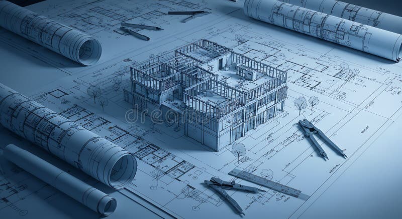 Architecural Blueprints Featuring a 3D Model of a Multi-story Building ...
