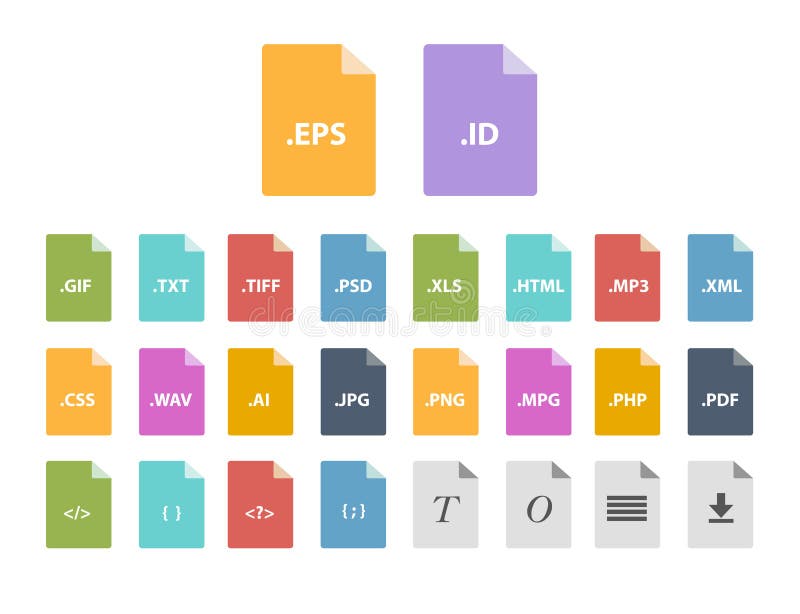 Flacher Ikonensatz Der Dateiformate Weißbuchdokumentenpiktogramme Mit ...