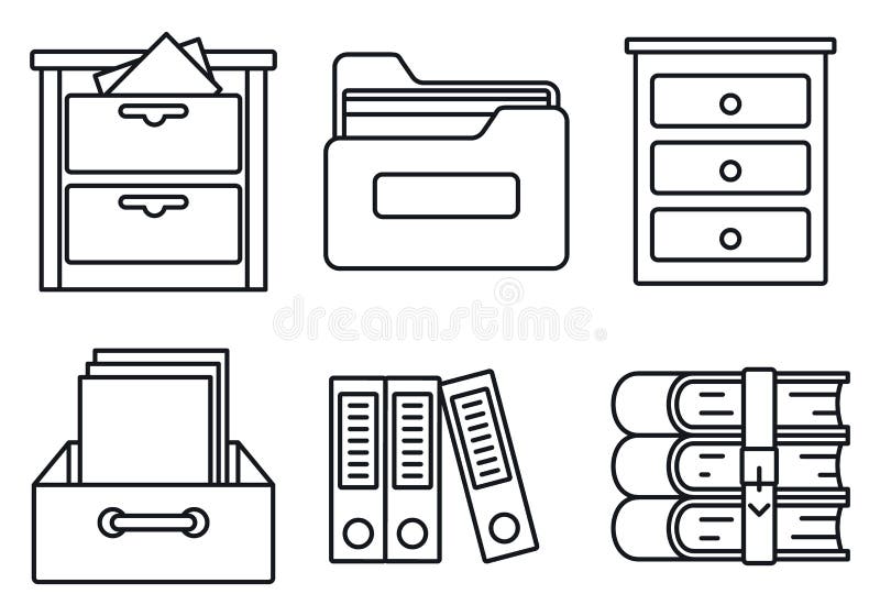 Archive Library Icons Set, Outline Style Stock Vector - Illustration of ...