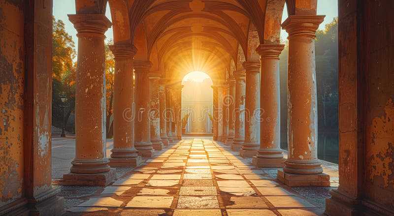 An Archway with Columns on a Stone Walkway. the Sun is Shining through ...