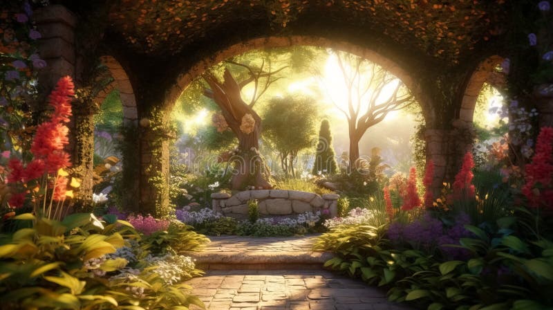 Archway in an Enchanted Fairy Garden Landscape Stock Illustration ...