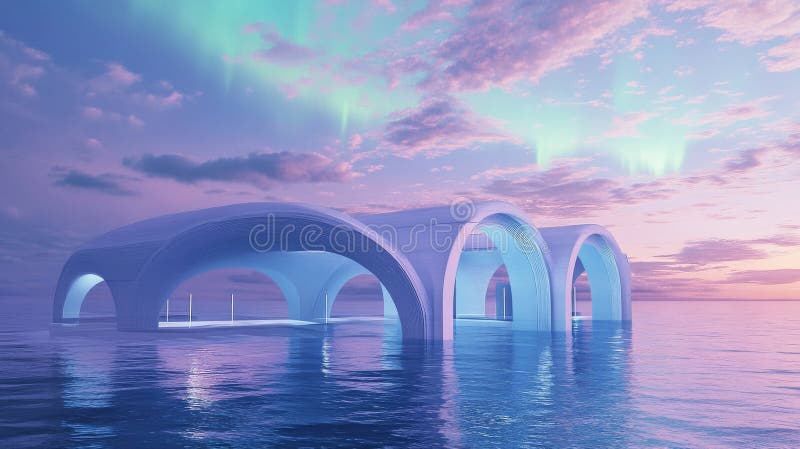 An Archway with Neon Lights is Placed on the Surface of the Water, with ...