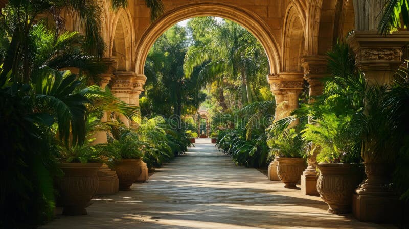 Archway Pathway through Lush Tropical Garden Stock Illustration ...