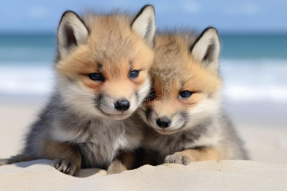 Arctic Fox Cubs Resting on the Sandy Beach Generated Using AI. Stock ...