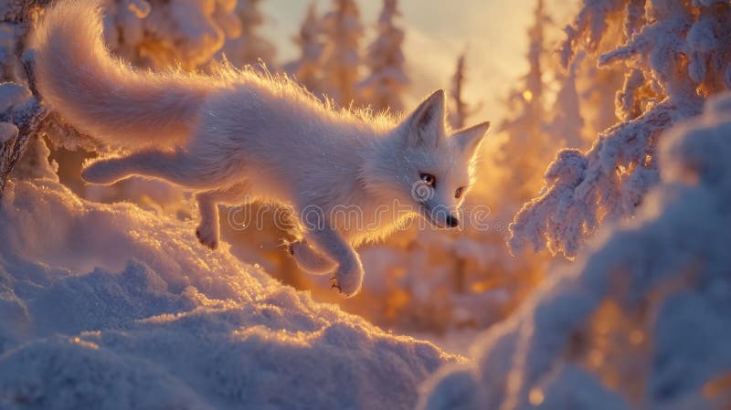 Arctic Fox Leaping through Snowy Forest at Sunset Stock Illustration ...