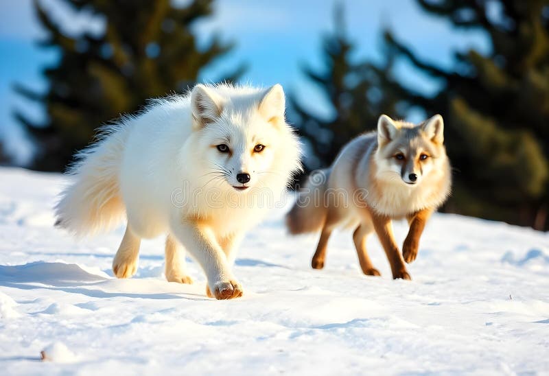 Arctic Fox and Red Fox Walking on Snow Stock Photo - Image of vulpes ...
