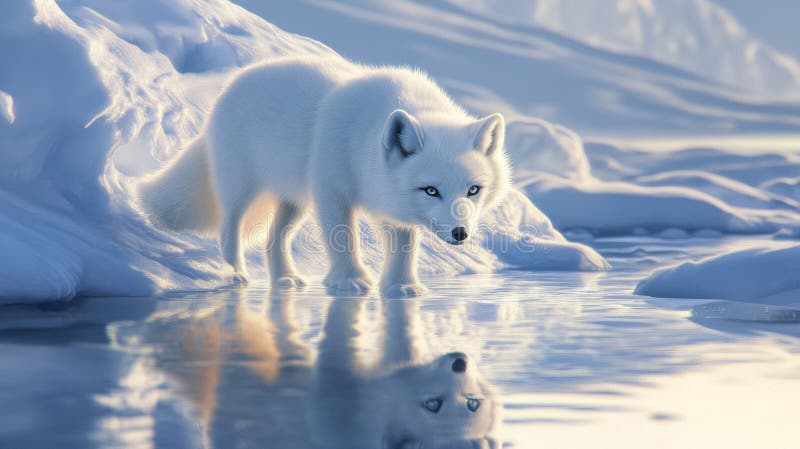 Arctic Fox Reflection in Snowy Winter Landscape Stock Illustration ...