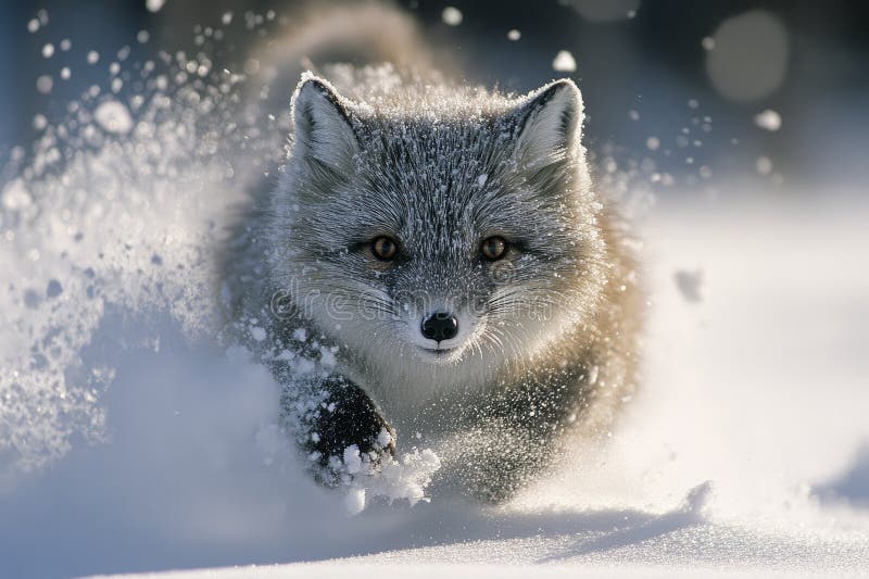 Arctic Fox Running in Deep Snow Toward the Viewer Stock Image - Image ...