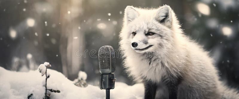 Arctic Fox with Vintage Microphone in Snowy Forest Stock Image - Image ...