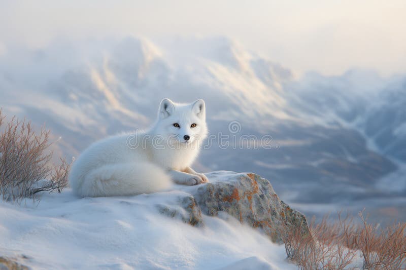 Arctic Fox Sitting on a Rock in the Snow in the Arctic Landscape Stock ...