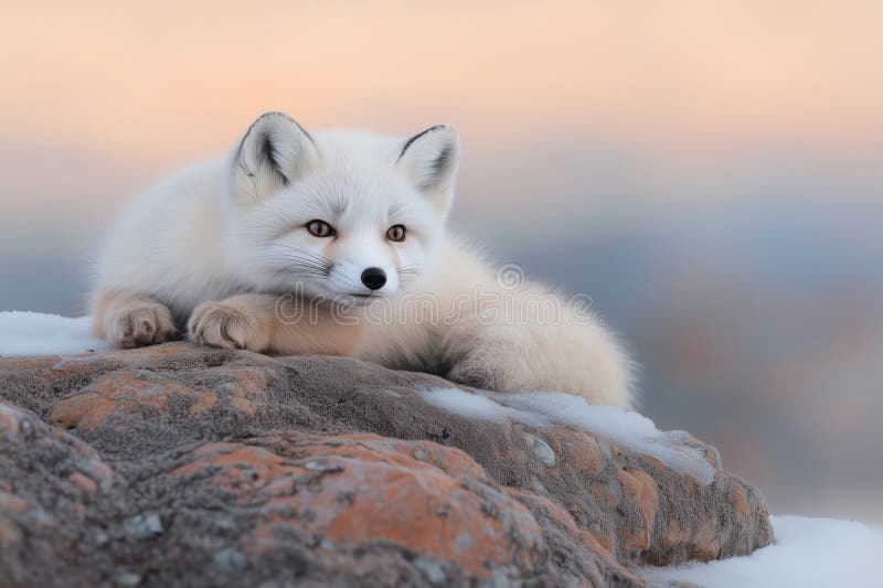 Arctic Fox, Sitting on a Rock in the Winter Tundra, Saw Something Stock ...