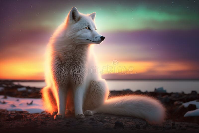 Arctic Fox Sitting in Arctic Sunset, Aurora Borealis Stock Illustration ...