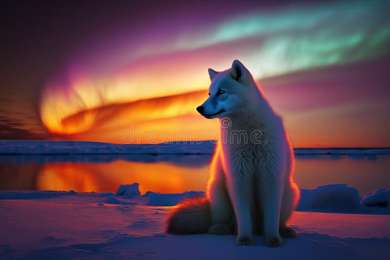 Arctic Fox Sitting in Arctic Sunset, Aurora Borealis Stock Illustration ...