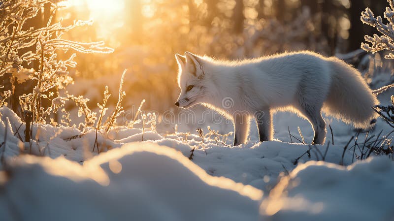 Arctic Fox in Snowy Forest at Sunrise Stock Illustration - Illustration ...