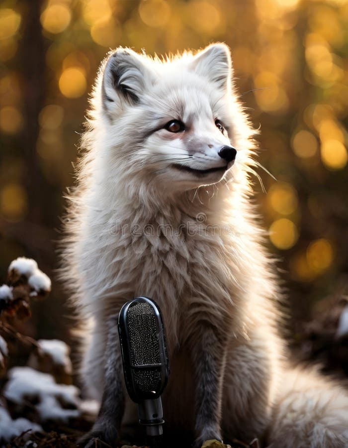 Arctic Fox Standing with Microphone in Golden Forest Stock Photo ...