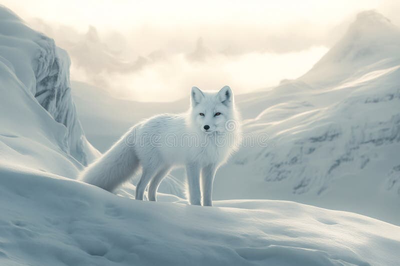 Arctic Fox Standing on Snowy Mountain during Sunset Stock Illustration ...